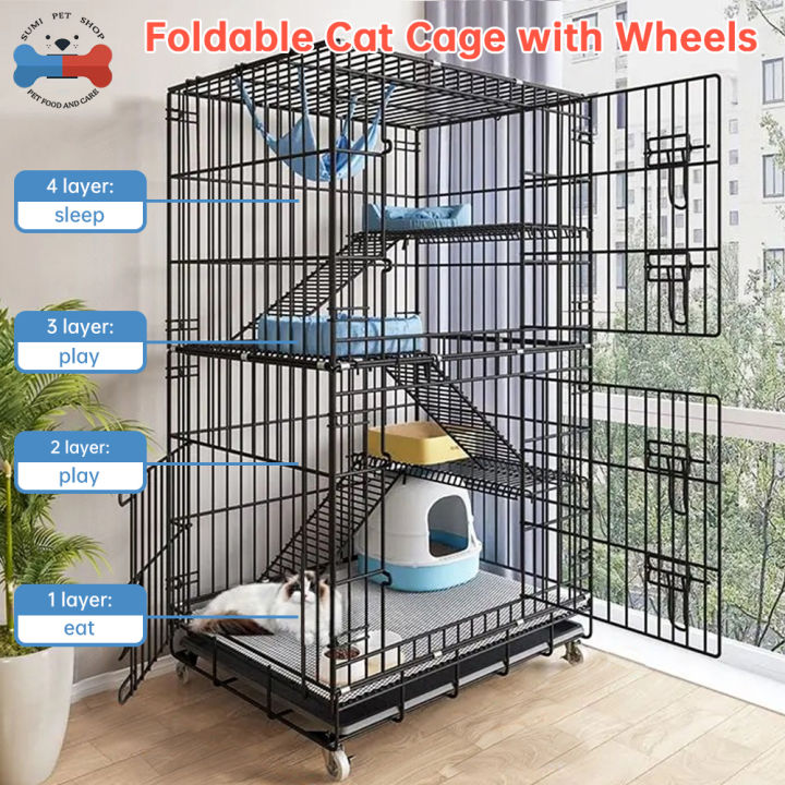 Cat Cage 4 Layer Pet Cage Foldable with Wheels Large Space Heavy Duty ...