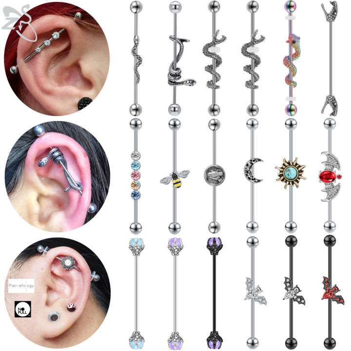 ZS 1 PC Punk Snake Long Industrial Barbell Stud Earrings 14g/16g ...