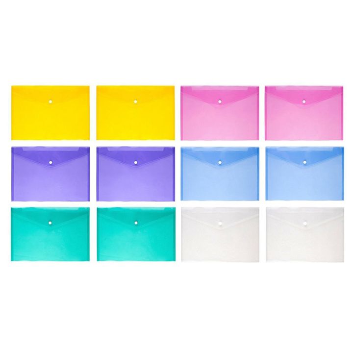 (GATM) 12Pcs Multi File Envelope PVC Snap Button File Bag 6 Colors A4 ...