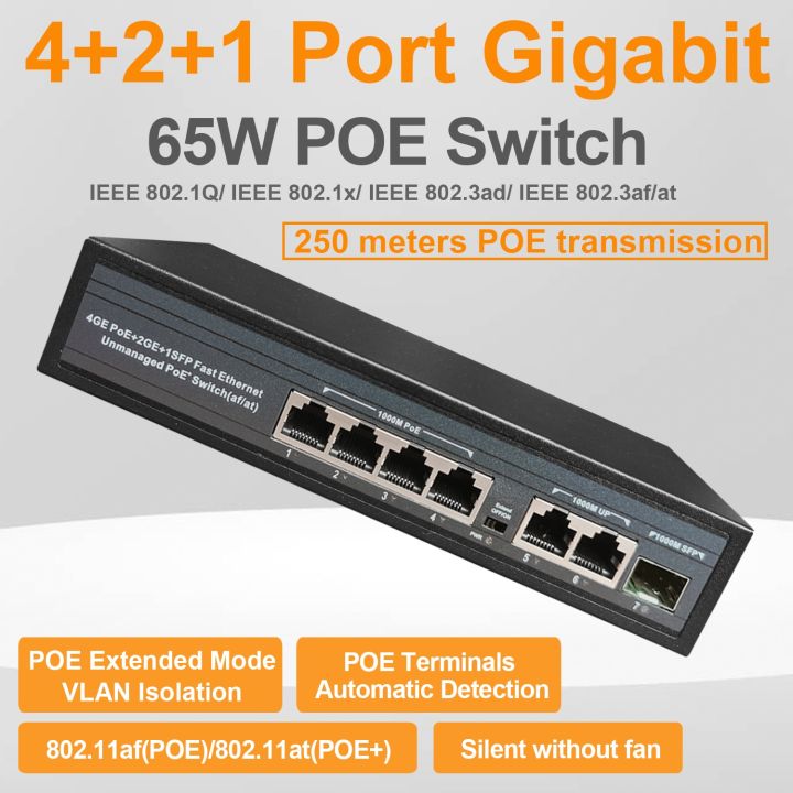 Full Gigabit POE Ethernet Network Switch Hub Unmanaged 65W 4 POE +2 RJ45 +1 SFP Uplink Ports ...