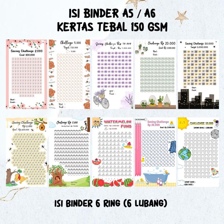 PAKET ISI BINDER A5 / A6 6 RING TEMPLATE CHALLENGE MENABUNG | Lazada ...