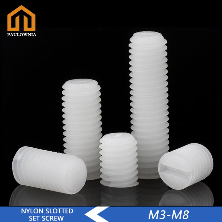 M3 M4 M5 M6 M8 M10 M12 White Slotted Nylon Set Screw Plastic Flat Head Metric Headless Bolt Grub ...
