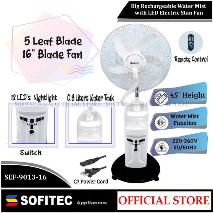 Sofitec Big Rechargeable Stand Fan Water Mist Fan Cooler 12 LEDs Night ...