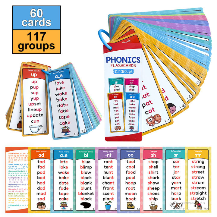 60pcs Phonics Flash Cards ภาษาอังกฤษสองด้านเรียนรู้แฟลชการ์ดสำหรับเด็ก ...