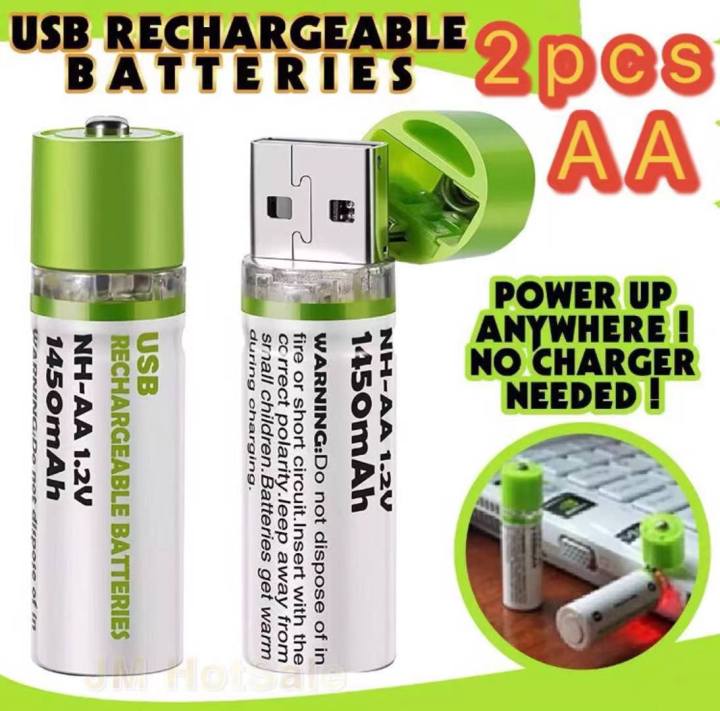2pcs AA USB Rechargeable Batteries 1450mAh No Charger Needed | Lazada PH