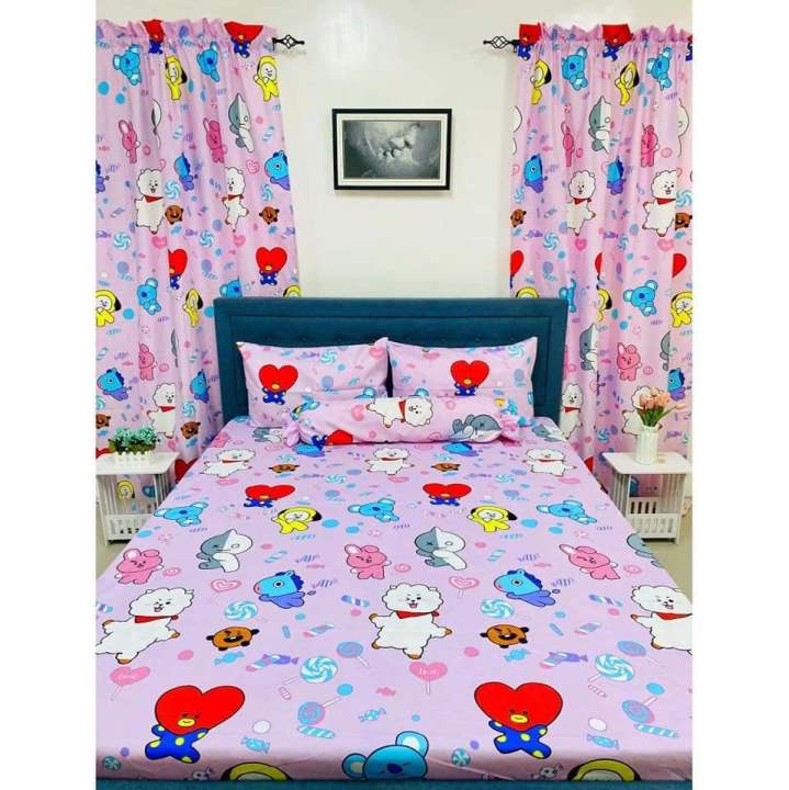(MPK)3in1 BT21 (1 Fitted BED Sheet & 2 Pillowcase ) 4Corner Garterized ...