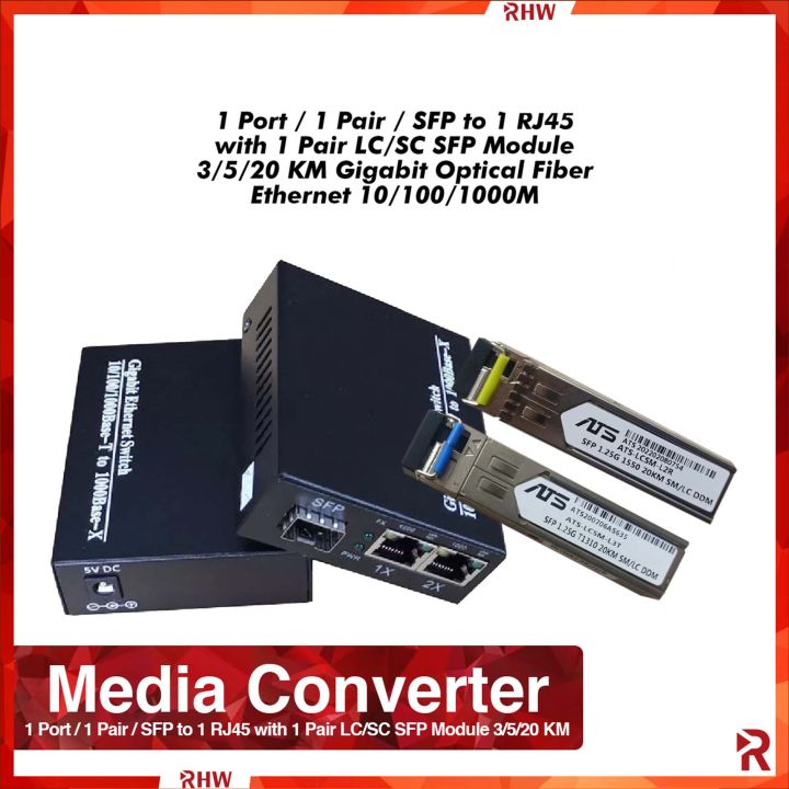 Fiber Optical Media Converter 1 Port / 1 Pair / SFP to 1 RJ45 with 1 Pair LC/SC SFP Module 3/5 ...