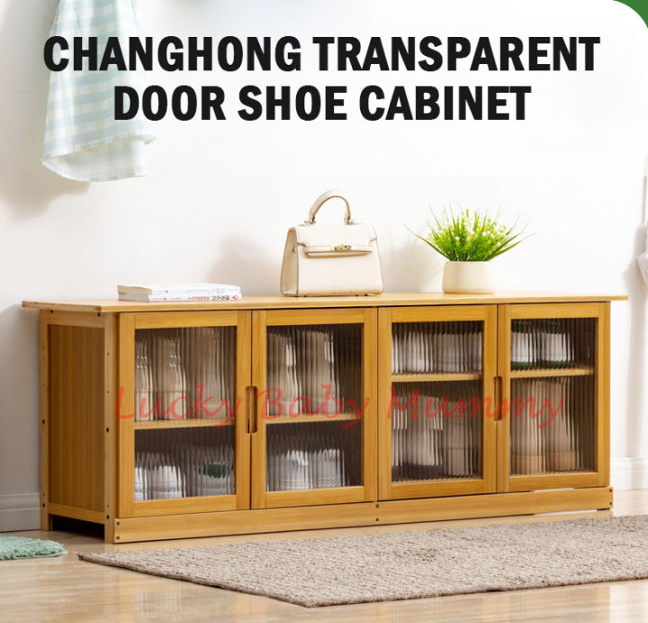 【Transparent Door】Bamboo Shoe Rack Bench with Door / Shoe Cabinet /Seat ...