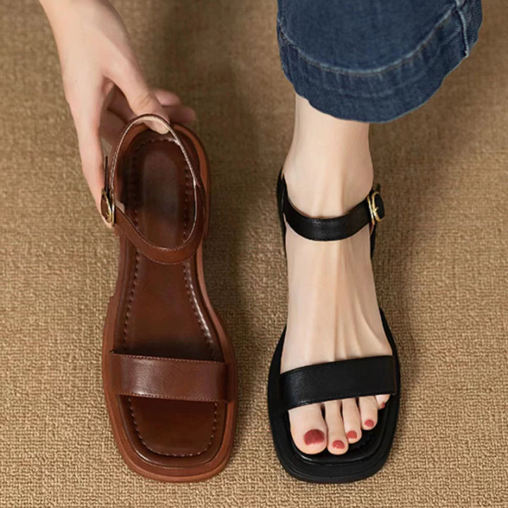 Sandals Women French Retro Brown Chunky Heel Soft Leather Thick Bottom ...