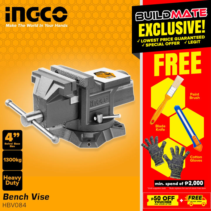 BUILDMATE Ingco Bench Vise with Anvil 4" Swivel Base Clamp Table Vise ...