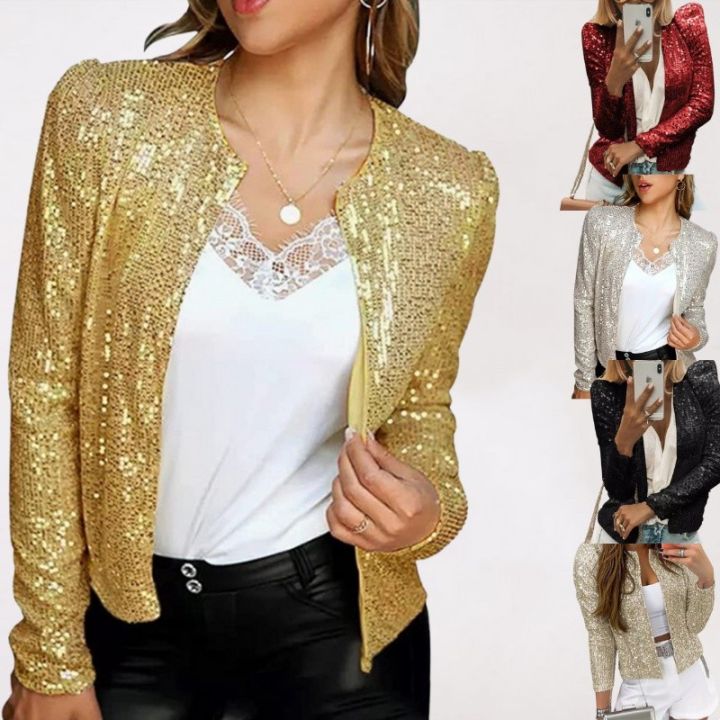 เสื้อแจ็กเก็ต แขนยาว ดับเลื่อม กลิตเตอร์ สีทอง สีเงิน หรูหรา สําหรับผู้หญิง AIXIN | Lazada.co.th