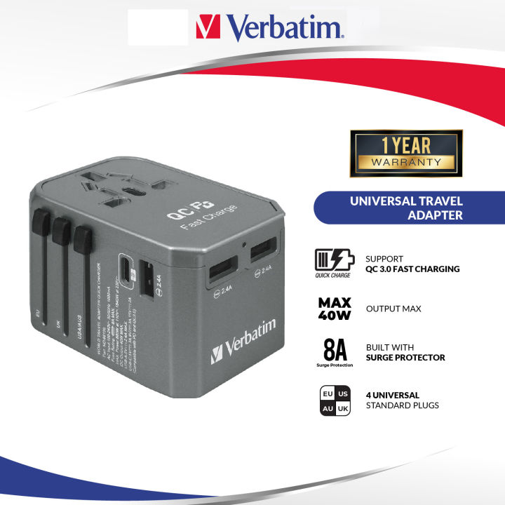 Verbatim 4 Port Universal Travel Charger Adapter Type C Port USB Port ...