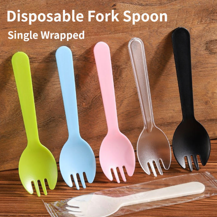 100Pcs Disposable Fork Spoon single wrapped/Dessert Spoon Individually ...