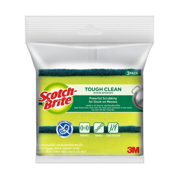 3M Scotch Brite Tough Clean Antibacterial Scrub Sponge 1 Pack 3’s | Lazada