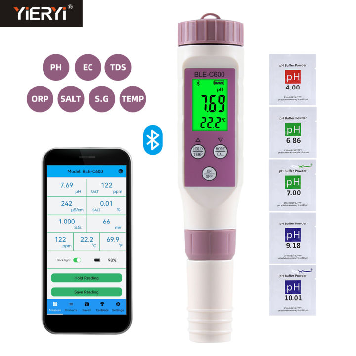 Yieryi Digital pH Meter, Bluetooth 7 in 1 pH/TDS/EC/ORP/S.G/Salinity ...