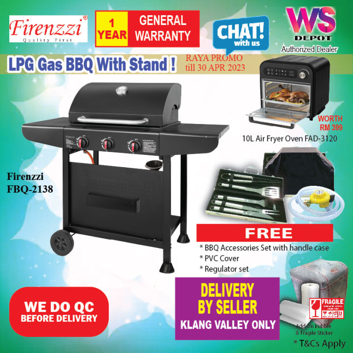 Firenzzi FBQ-2138 3 Powerful Burner BBQ Set (Black) | Lazada