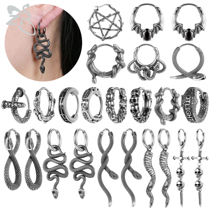 1 Pair Stainless Steel Punk Earring Skull Cross Hoop Earrings Snake Bat ...
