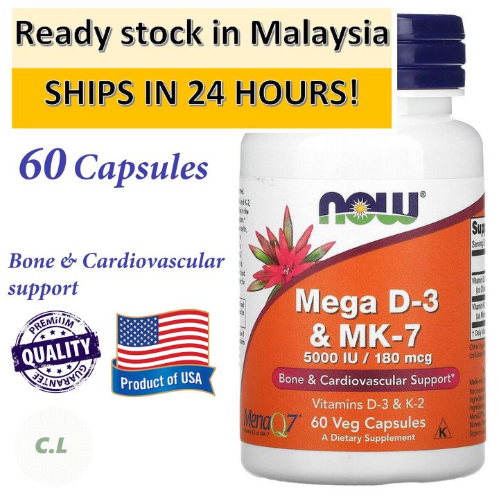 Mega D-3 & MK-7 D3 K2 Now Foods 180 mcg (5,000 IU), 60 Veg Capsules ...