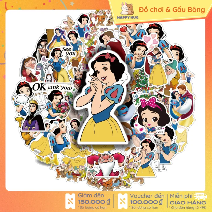 Sticker cute SET 50 TẤM hình Bạch Tuyết và Bảy chú lùn, hình dán hoạt ...