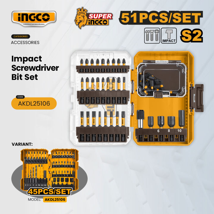 Ingco 45pcs/51pcs Impact Magnetic Screwdriver Bits Set w/ Nuts & Bit ...