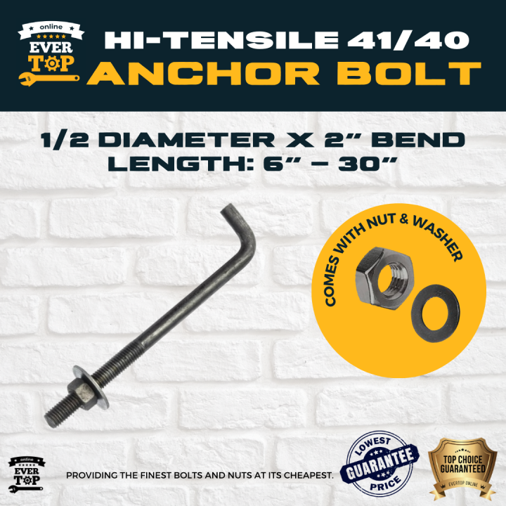 High Tensile 1/2 X 6"-30"X 2 Anchor Bolt 41/40 w/ Hi Tensile Nut ...