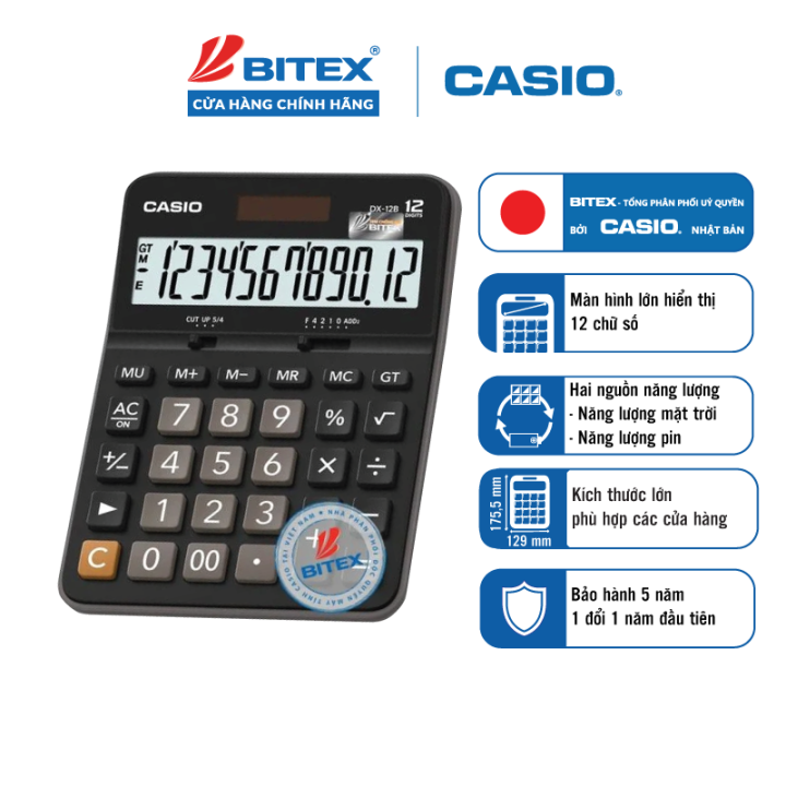 Máy Tính Casio DX-12B chính hãng, hiển thị 12 số, nhỏ gọn tiện lợi, tính nhanh, chính xác ...