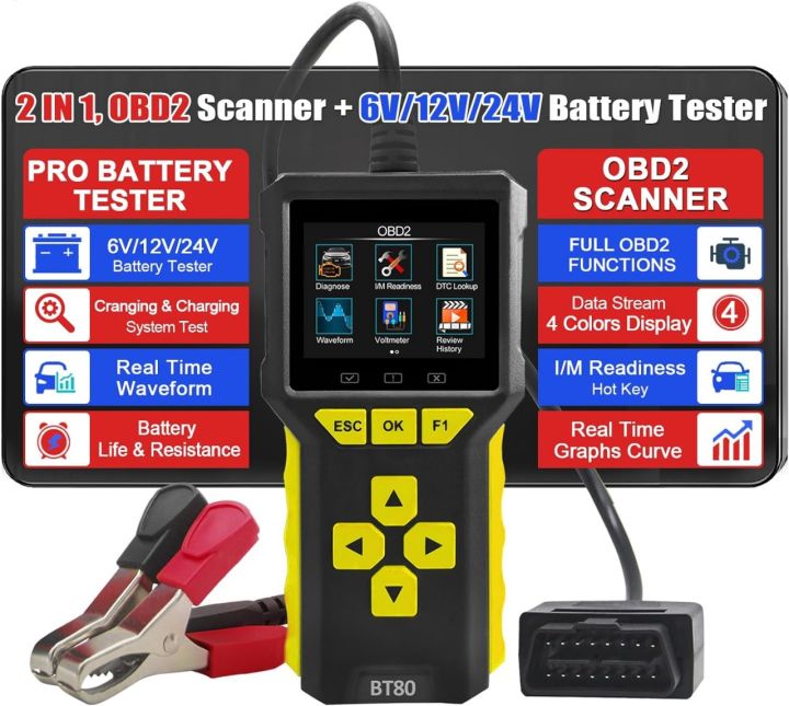 BT80 2 IN 1 OBD2 II Scanner Mobil dan Battery Baterai tester Pembaca ...