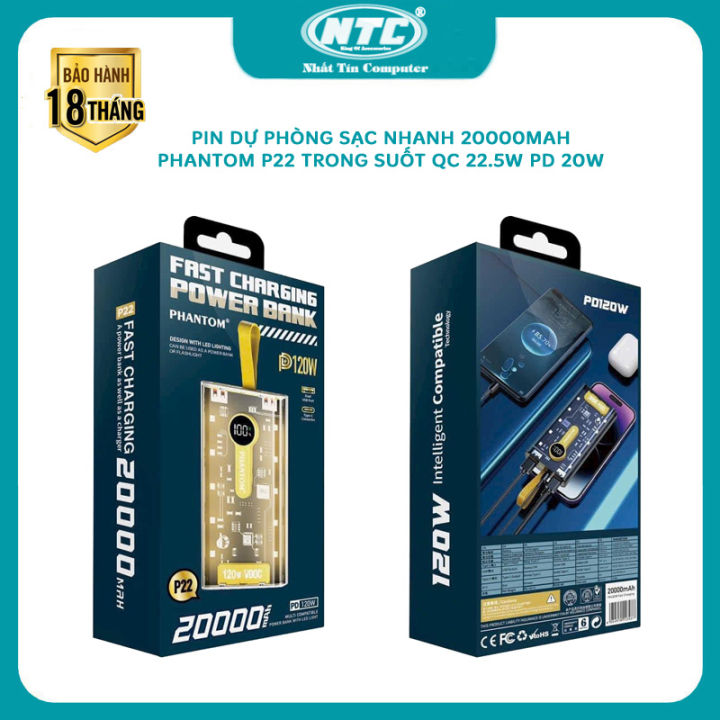 Pin dự phòng sạc nhanh trong suốt PHANTOM P22 dung lượng 20000mAh hỗ ...