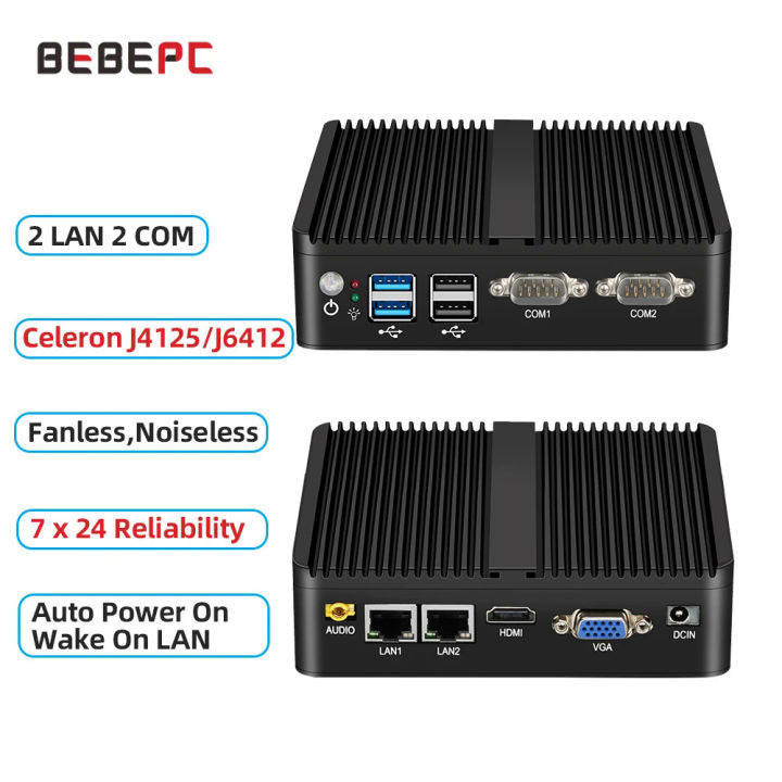 Produk baru BEBEPC industri Mini PC Celeron J4125 Quad-Core 2955U Dual LAN Fanless Desktop ...