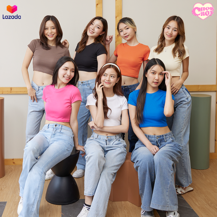 Chobcrop เส อครอป ผ าร อง เอวลอย แขนส น คอกลม ผ าย ด ร ดร ป ม ท งหมด