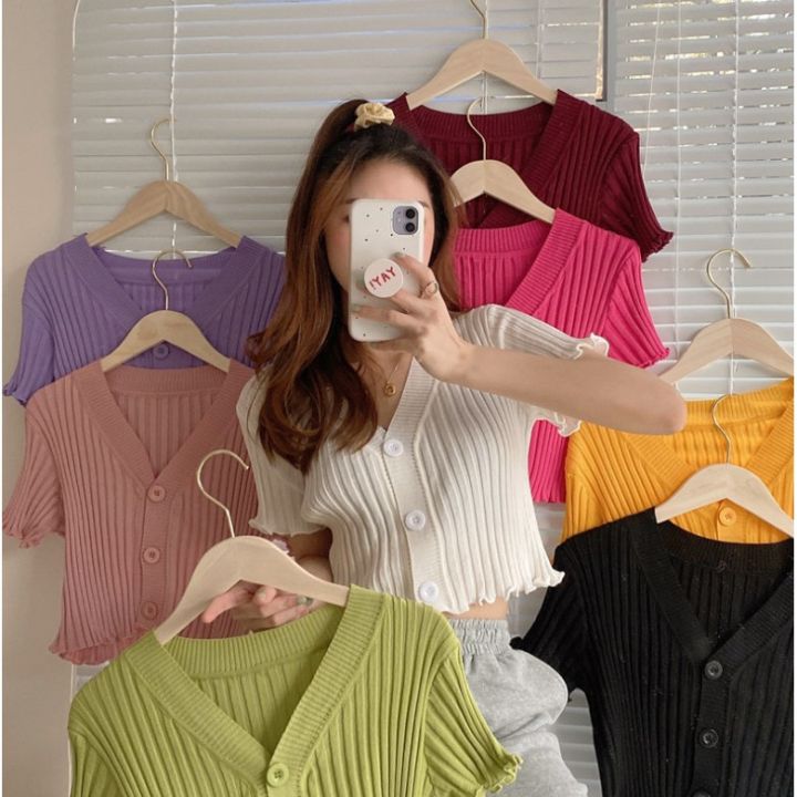 Korean Knit V-Neck Button Crop Top Atasan Wanita Rajut Kancing C772 | Lazada Indonesia