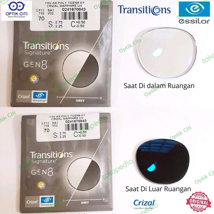 Lensa Photochromic Crizal Essilor Transition Gen 8 Airwear 1.59 Grey ...