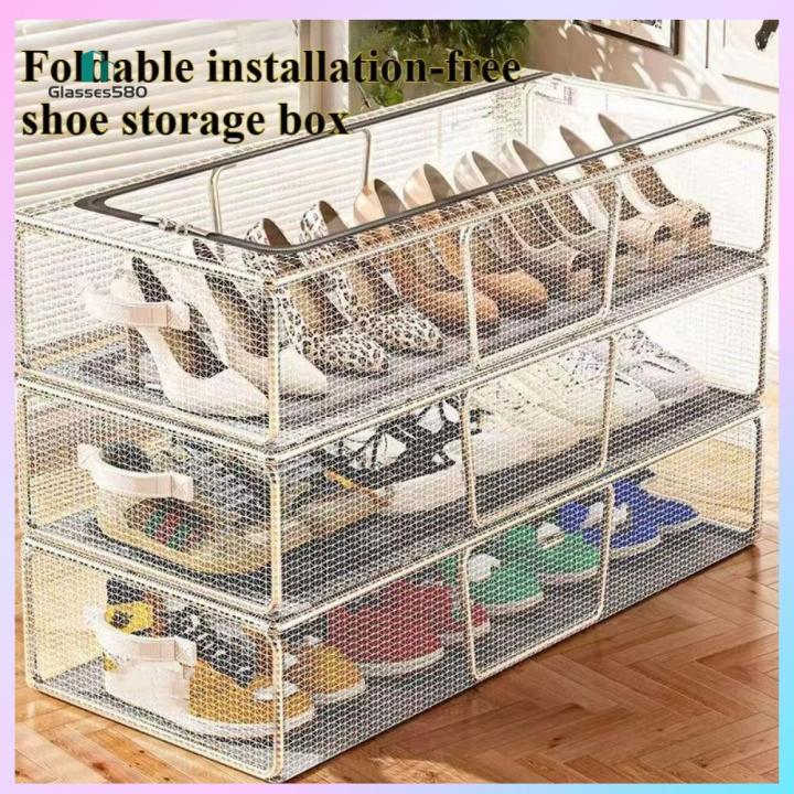 GLASSES580 Foldable Shoe Box Steel Frame Stackable Shoe Rack Containers ...