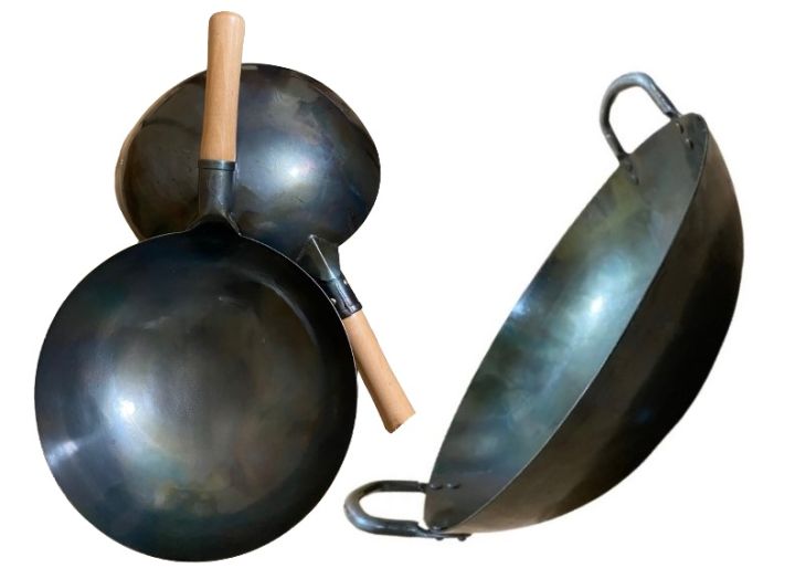 Pangcucina: 32cm Authentic Chinese Carbon Steel Wok Pan, Heavy Duty Round Bottom. WOOD HANDLE ...