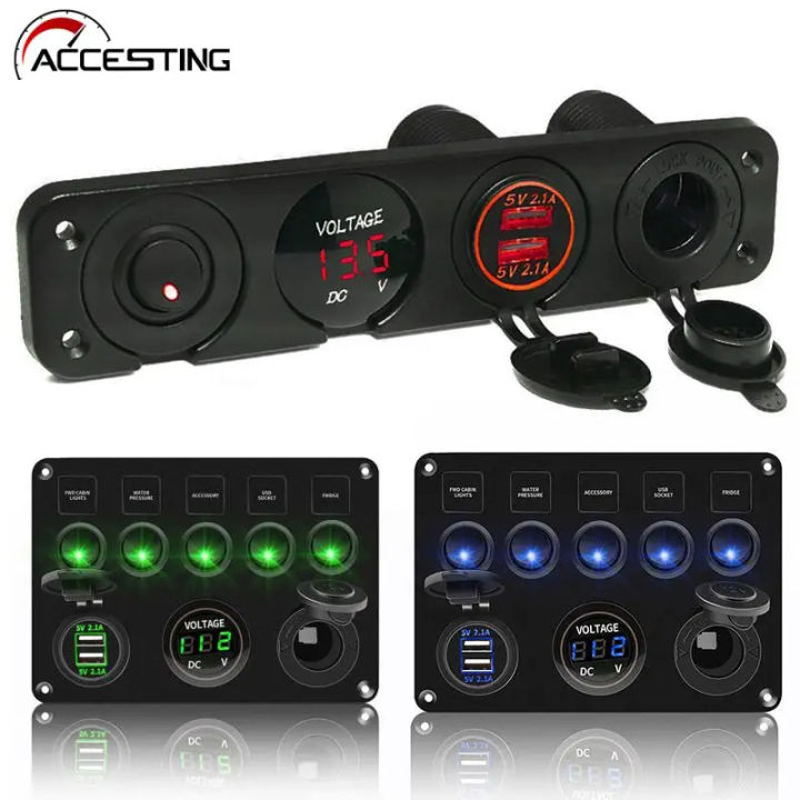 LED Rocker Switch Panel With Digital Voltmeter Dual USB Port 12V Outlet ...