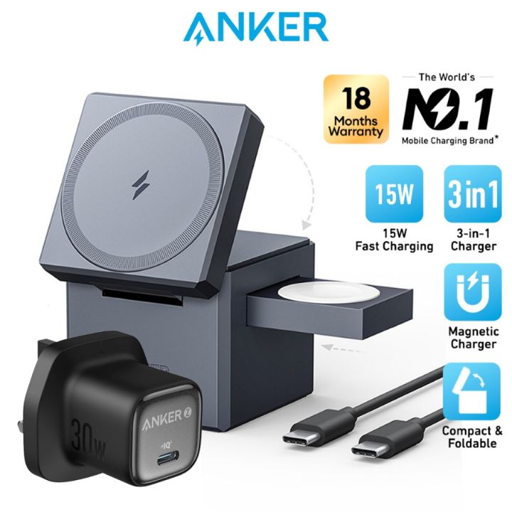 Anker 3 in 1 Cube MagSafe 15W Foldable Fast Charging Station with 30W charger 5ft/1.5m USB C to ...