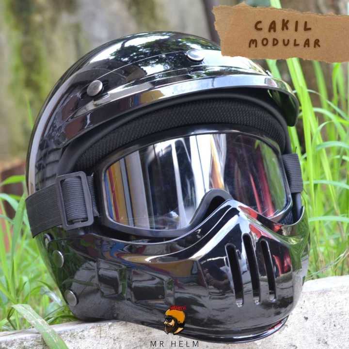 HELM RETRO CAKIL MODULAR SNI VESPA / CAFERACER FREE GOGGLE ( MR HELM ...