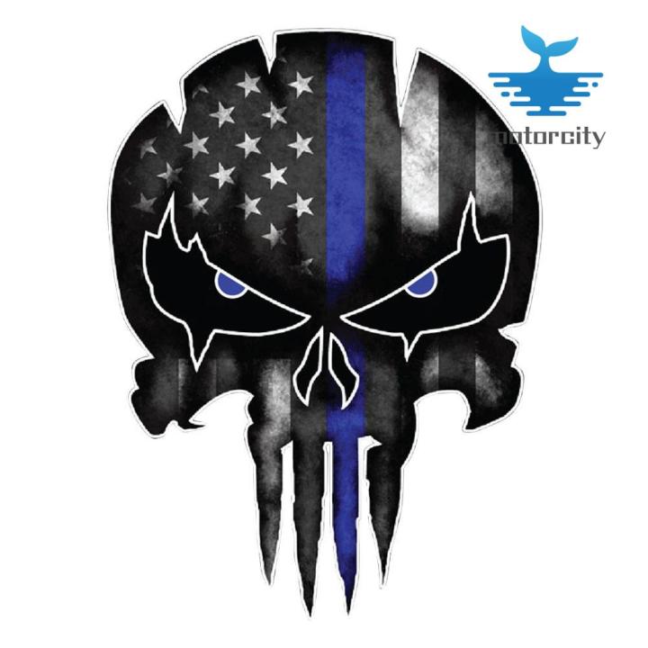 Car Sticker 13x9.5cm Blue Line Punisher Skull Reflective Motorcycle ...