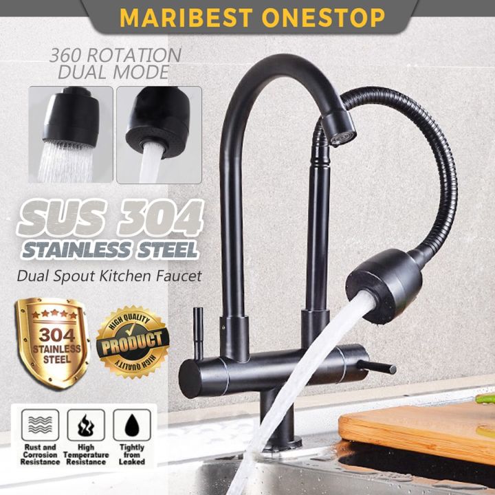 BLK-304549SS Pillar Kitchen Faucet Double Tap Dual Faucet Sprayer Head ...