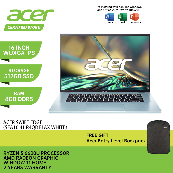 ACER LAPTOP SWIFT EDGE R4QB ( 16 INCH WQUXGA OLED IPS | RYZEN 5-6600U ...