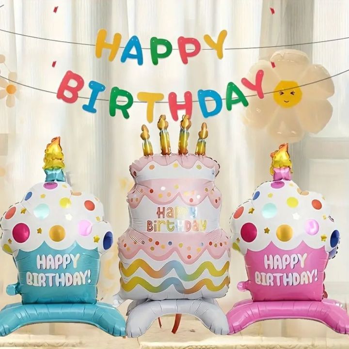 ANGCHI หนาขึ้น บอลลูนเค้กยืน การ์ตูนลายการ์ตูน เป่าลมได้ บอลลูนฟิล์ม ...