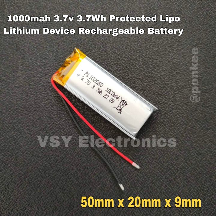 1000mah 3.7v 3.7Wh Protected Lipo Lithium Device Rechargeable Battery 50mm x 20mm x 9mm | Lazada PH