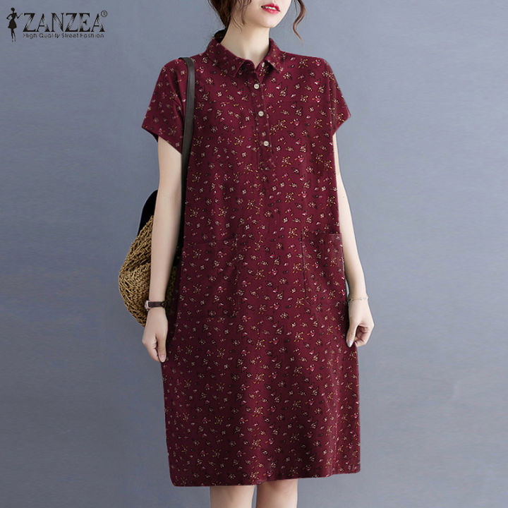 Zanzea Women Holiday Summer A Line Shirt Dress Short Sleeve Loose