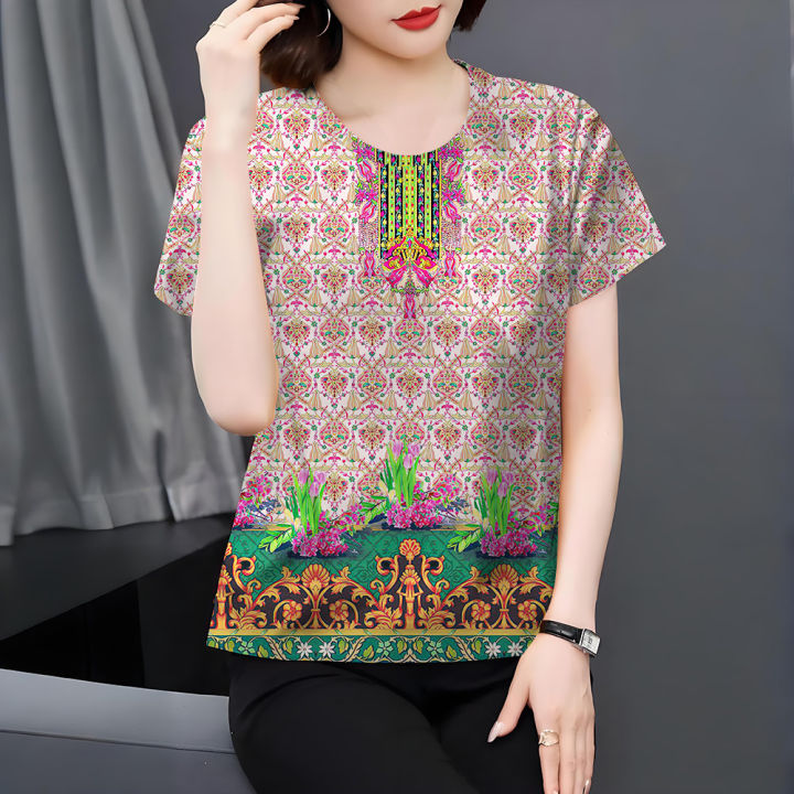 Asean Attire For Women V-Neck T-shirt Bohemian Retro Ethnic Style Full ...