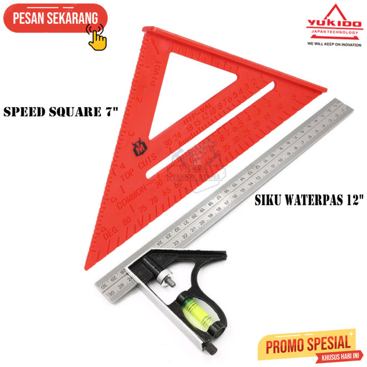 YUKIDO Penggaris Siku L Penggaris Siku Segitiga Waterpass Kombinasi ...