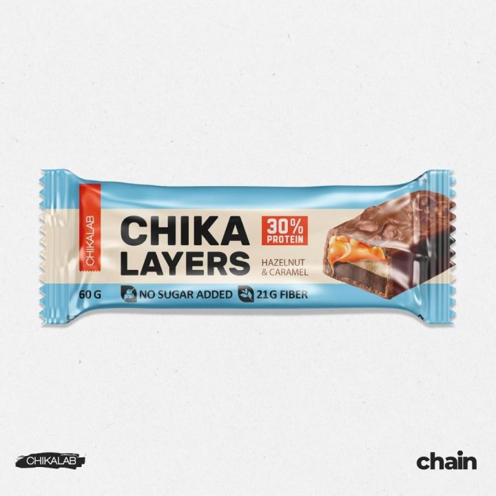 Chikalab Chika Layers เคลือบช็อกโกแลต รสเฮเซลนัทและคาราเมล โปรตีน 30% ...