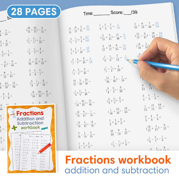 28 Pages Maths Addition Subtraction Fractions Workbook Learning ...