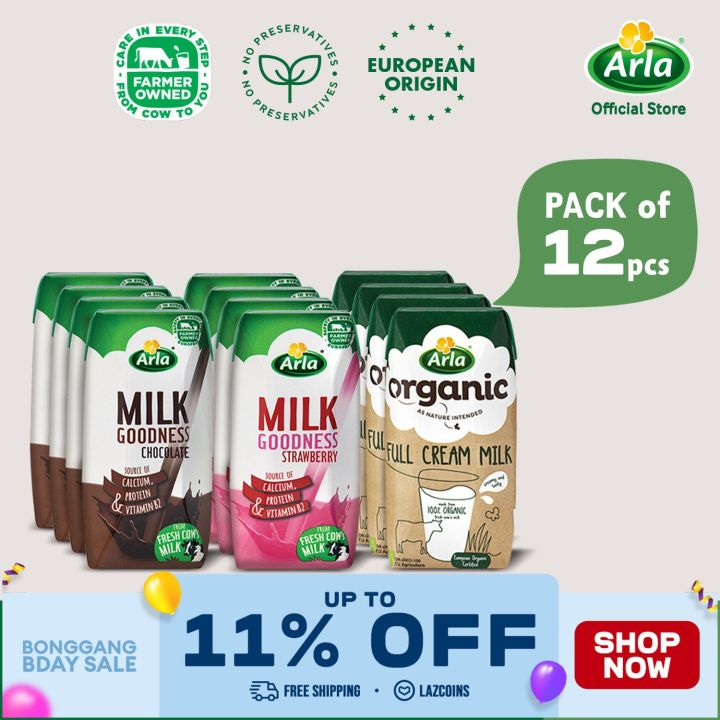 Arla Chocolate, Strawberry, and Organic Full Cream Milk 200ml 12-Pack ...