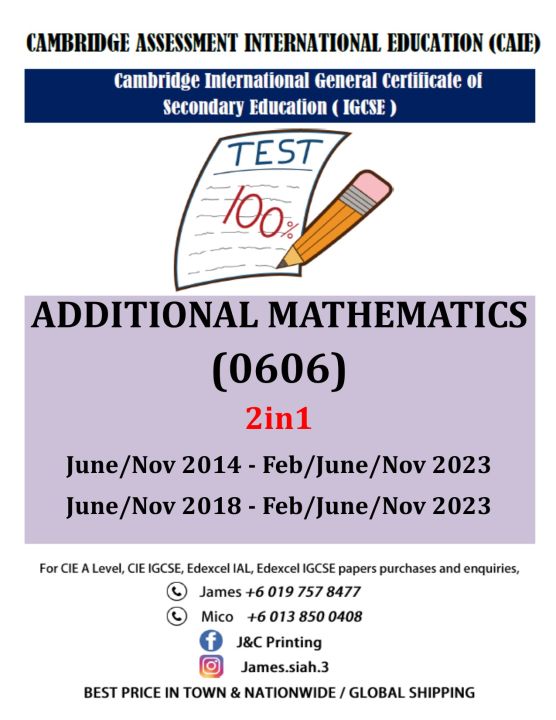 Cambridge Igcse Additional Mathematics 0606 Paper 1 2 2018 2014 Feb June Nov 2023 2in1