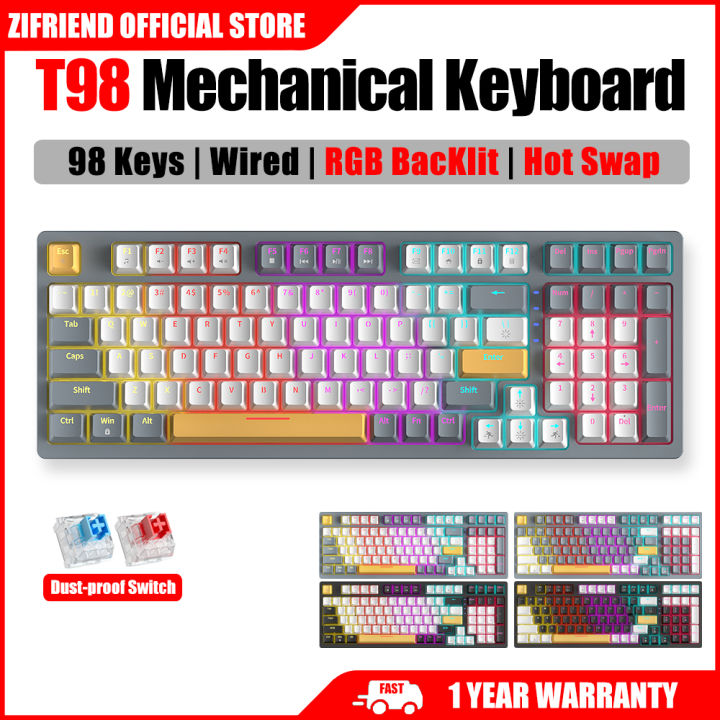 【DELIVER IN 3 DAYS】 ZIFRIEND T98 98 Keys Mechanical Keyboard Wired Gaming Keyboard Rainbow ...